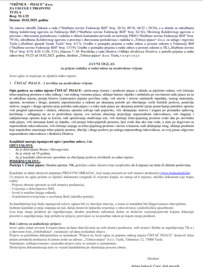 JAVNI OGLAS za prijem radnika u radni odnos na neodređeno vrijeme ...